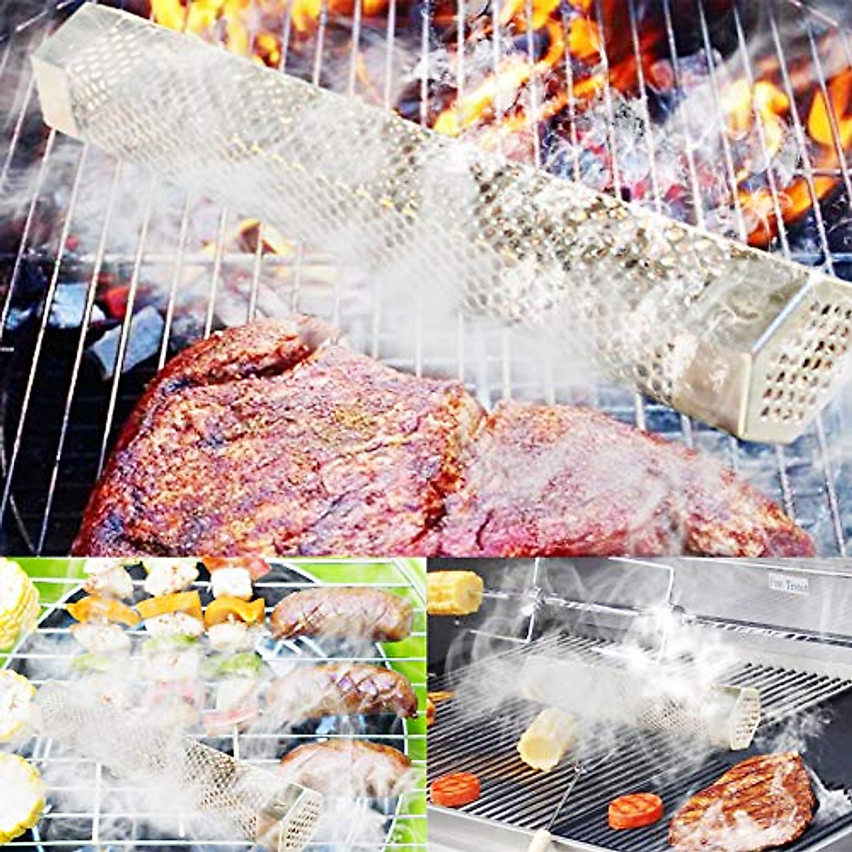 Aushucu 2pcs Smoker Tube 12in Pellet Smoker Tube Stainless Steel Smoke Tube for Hot or Cold Smoking 5 Hours of Billowing smoke Portable BBQ Smoking tube Generator Electric Charcoal Gas Grill Smoker