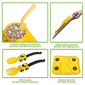 A Set of Toddler's Plates Set and a Set of Toddler's Fork and Spoon Set, Construction Toddler Utensils, Suitable for Kids Utensils.
