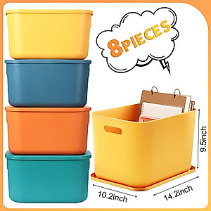 Hoolerry 8 Pieces Colorful Storage Bins with Lid and Handle, Plastic Stackable Baskets Desktop Cube Box Cubby Bins Containers for Shelf Cabinet Bedroom Office (Multi-colored,14.2 x 10.2 x 9.5 Inch)