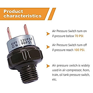mankk Air Pressure Switch 90-120 PSI Thread 1/4"NPT 24V 12V DC Air Compressor Pressure Switch for Air Horn Train 90-120-1/4"NPT-BK