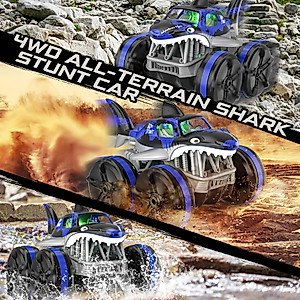 Amphibious Remote Control Car, RC Cars 2.4 GHz Working on Water, All Terrain Monster Shark Truck Stunt Car, Toys Gift for Boys Girls Age 5 6 7 8 9 10