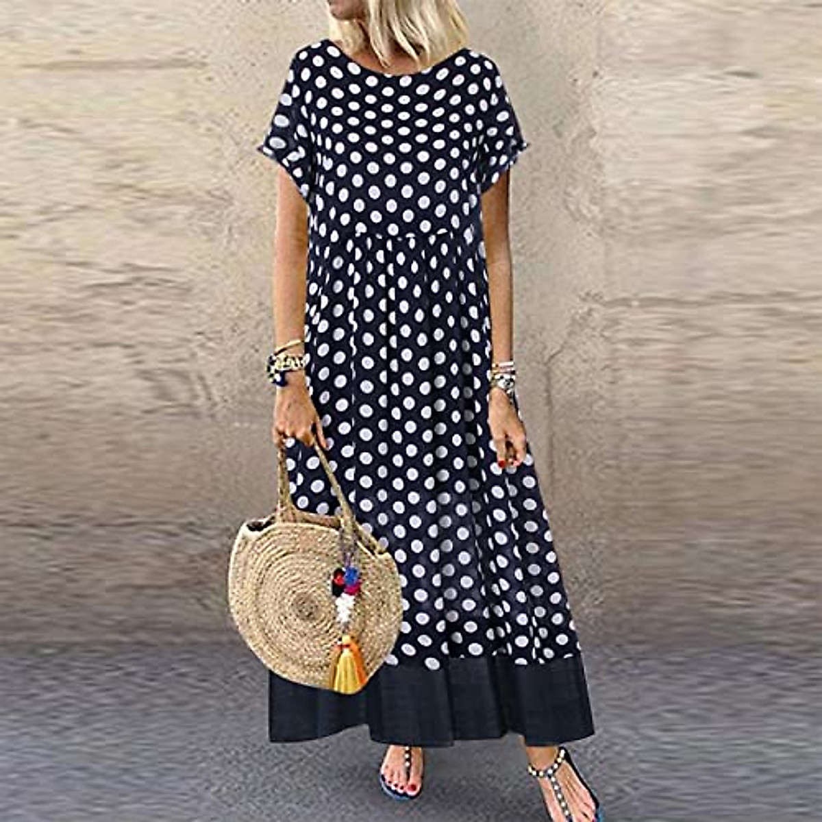 Women's Cotton Linen Dress Short Sleeve Maxi Casual Plus Size Tunic Dress with Pockets Two-Piece Dot Pattern Long Dress