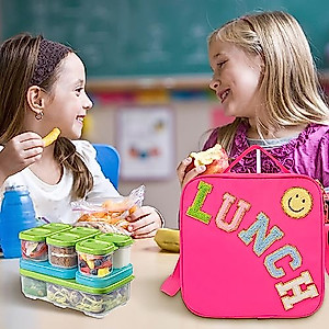 Insulated Lunch Bag With Adjustable Shoulder Strap, Nylon Preppy Lunch Box Large Insulated Lunch Bag Reusable Lunch Tote Bag with Smiley Preppy LunchBag for Girls School Travel Picnic (Pink)