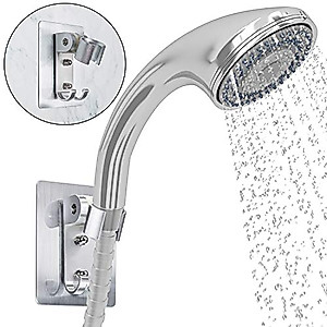Shower Head Holder Strong Adhesive Shower Head Wall Mounting Bracket Adjustable Shower Wand Holder with 2 Hanger Hooks No Drill Need (2)