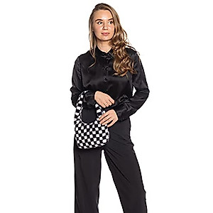 Fashion Soft Faux Fur Shoulder Bag Purse for Women Retro Checkered Fluffy Hobo Handbag Zipper Closure (White Black)