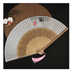 Portable Folding Fan Hand Held Fans Silk Bamboo Folding Fans Flower Printed Fans Handheld Folded Dance Fans Vintage for Women and Men Gifts Handheld Folding Fan (Color : Ink Lotus)
