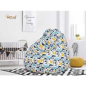 SATTVA Stuffed Animal Storage Bean Bag Chair for Kids, Zipper Storage Bean Bag for Organizing Stuffed Animals, Dinosaur Bean Bag Chair Cover, (No Beans)_White Dino Print