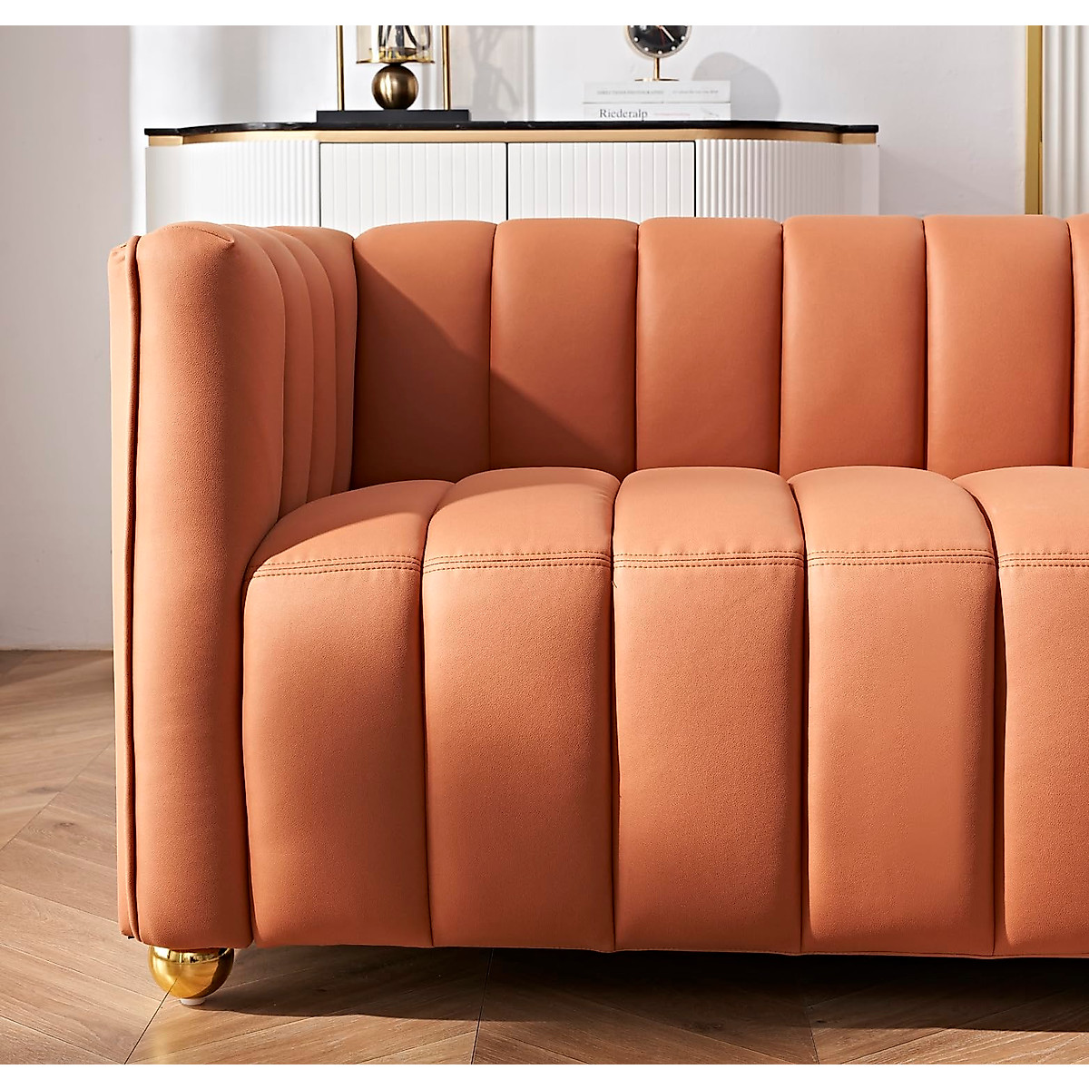 Container Furniture Glam Fabric Upholstered Solid Wood Frame 82.7" Art Deco Sofa for Living Room, Office, Sophisticated 3 Seater Couch, Orange
