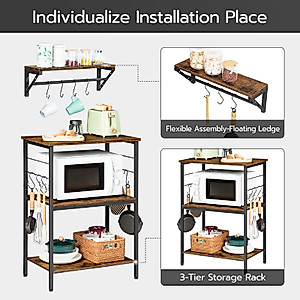 HOOBRO Bakers Rack with Floating Shelf, Microwave Stand with Shelves, Versatile Coffee Bar with 12 Hooks, for Kitchen, Entryway, Living Room, Dining Room, Office, Rustic Brown BF08HB01