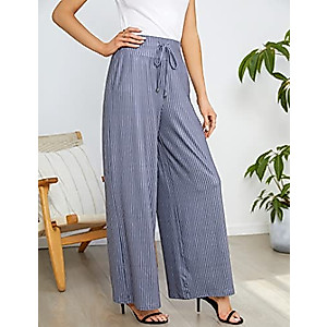 KOJOOIN Women's Wide Leg Pants Casual Palazzo Summer Flowy Pants Elastic High Waist Lounge Drawstring Long Trousers for Women Gray Stripe XL