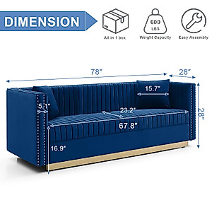 Vanress 78" Velvet Upholstered Sofa,Modern Tufted Couch 3 Seater,Square Arm, with Nailhead Trim and 2 Pillows for Living Room, Office (Blue)