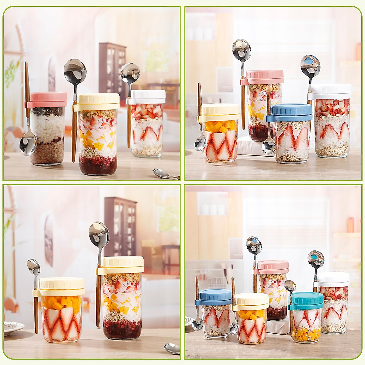 Bravebull 6Pcs Overnight Oats Containers with Lids and Spoon 12 Oz Wide Mouth Mason Jars,Meal Prep Container,Glass Food Storage Containers for Yogurt,Fruit,Cereal,Salad,Oat