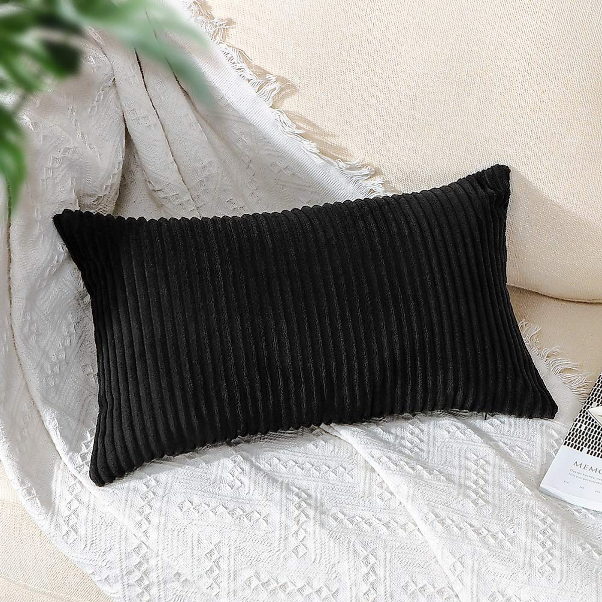 Artscope Cozy Striped Corduroy Pillow Covers Super Soft Decorative Oblong Throw Pillow Covers Case Cushion Covers for Sofa Couch Bedroom Car Decor 12 x 20 Inches, Black