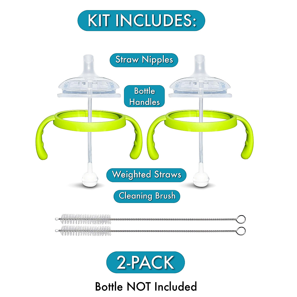 Straw Cup Conversion Kit for Comotomo Baby Bottles | 2-Count | with Soft Silicone Straw Top Nipples, Weighted Any Angle Straw Ball, Bottle Handles and Straw Cleaning Brush (Straw Top, Green)