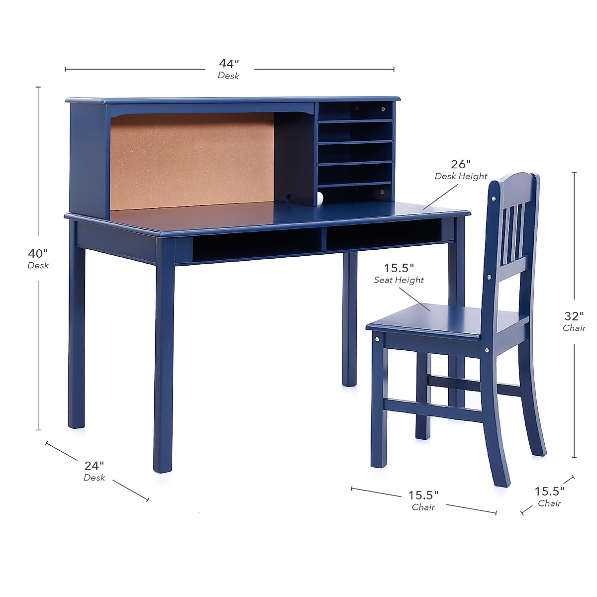 Guidecraft Kids Media Desk and Chair Set - Navy: Student's Workstation with Storage, Wooden Writing Table with Hutch and Shelves for Kids Bedroom, Boys Study Desk Set