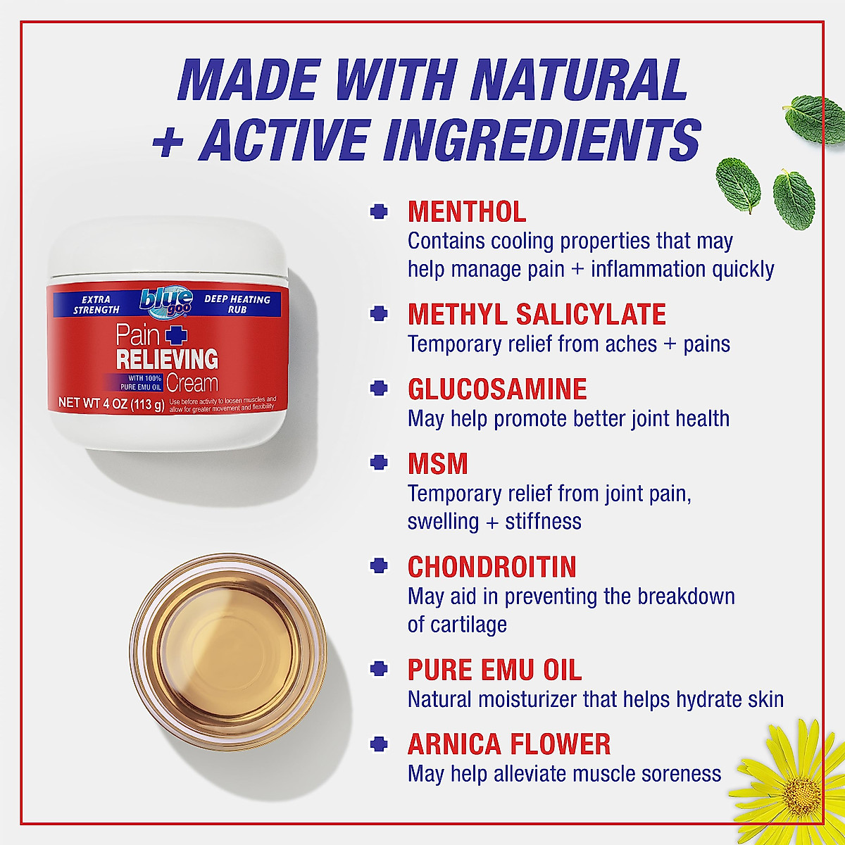 Blue Goo Relieving Cream - Temporary Relief for Back/Neck Pain, Sports-Related Muscle/Joint Pain, Sprains, Strains, Maximum Strength, Deep Heating Rub, Made w/ 100% Pure Emu Oil 4 oz (1 Pack)