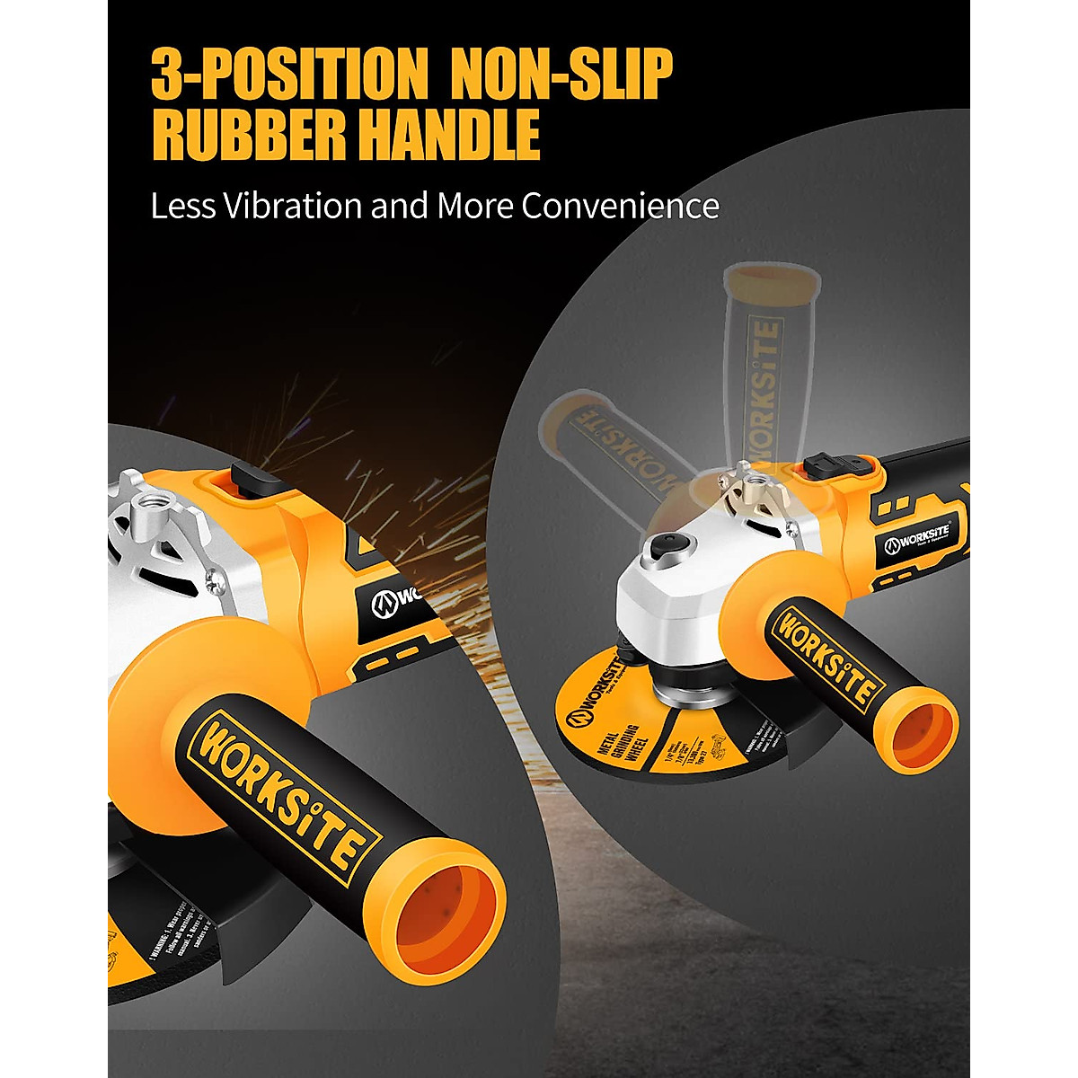 WORKSITE Cordless Angle Grinder, 4-Pole Motor, 4-1/2 Inch Cordless Grinder w/4.0A Battery & Fast Charger, 3-Position Adjustable Auxiliary Handle, Cutting Wheels, Grinding Wheels and Flap Discs