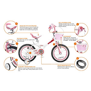 Royalbaby Princess Girl Children's Bicycle Outdoor Ride-On Bike with Training Wheels, Kickstand, Adjustable Seat and Basket, 16 Inch, Jenny/White-Pink
