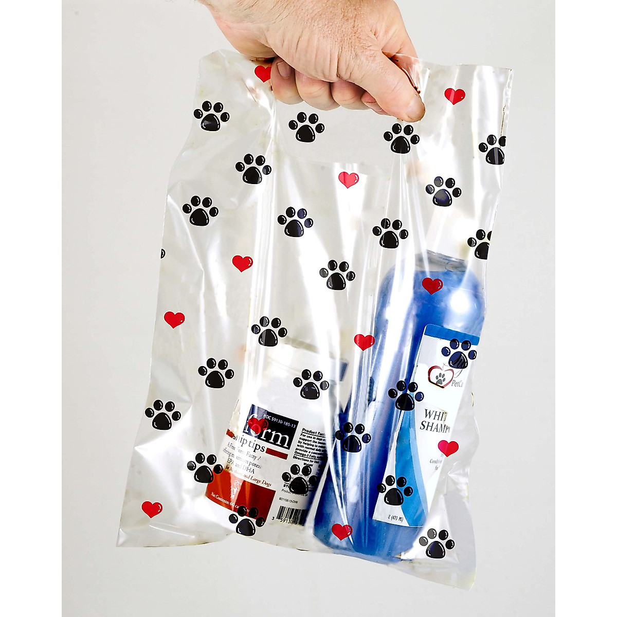 Pet Themed Clear Scatter Print Bags 9" x 12" Paw Prints & Hearts - Black & Red (MSP1008) 100ct bags per box