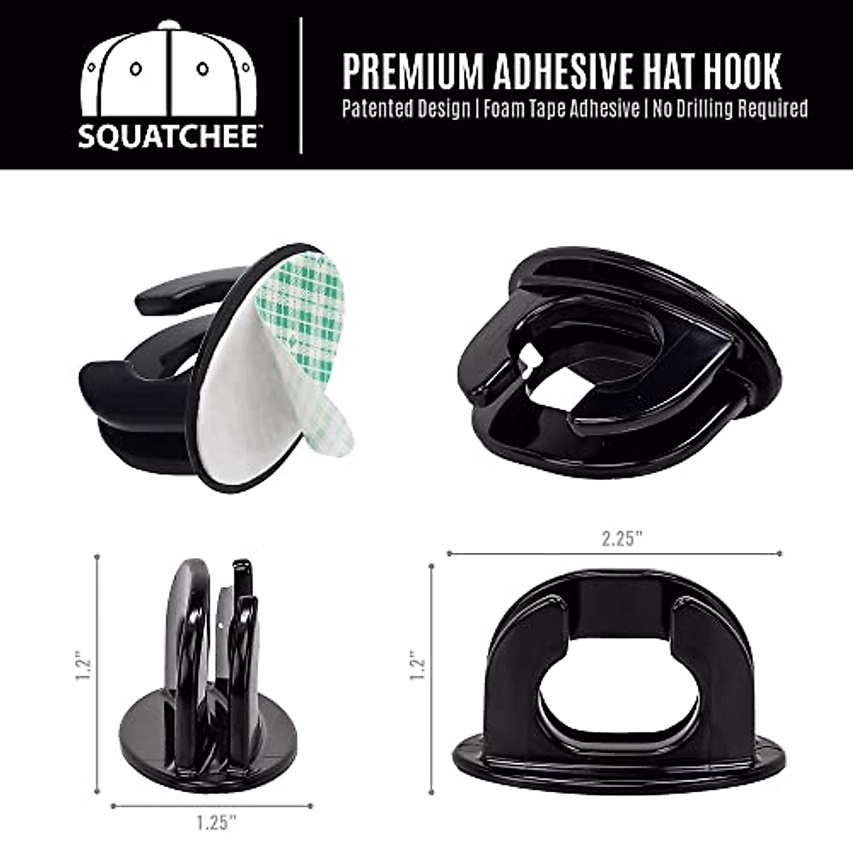 Squatchee Premium Adhesive Hat Hooks for Wall (5-Pack) | Hat Rack for Baseball Caps | Hat Display Holders | Hat Hangers for Closet & Doors | Hat Organization & Storage | Patented Design | Black