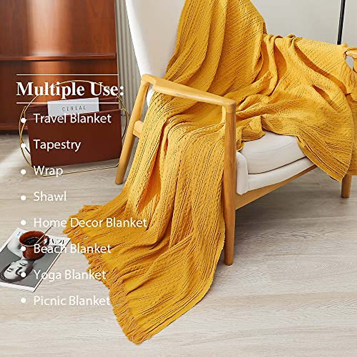 Simple&Opulence 100% Cotton Throw Blanket for Couch, Bed, Waffle Weave Knit Blanket with Tassels, Soft Lightweight Pre-Washed Breathable Cozy Blanket Farmhouse Decoration for All-Season (Gold Yellow)