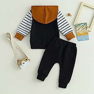 Hoanselay Toddler Baby Boy Color Block Sweatsuit Clothes Long Sleeve Hoodie Sweatshirt Top and Pants Fall Winter Outfit Set (Black, 18-24 Months)