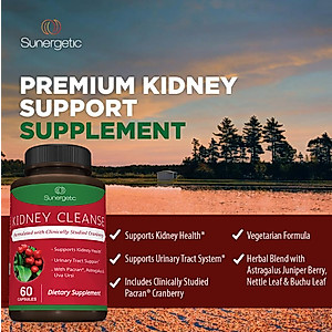 Premium Kidney Cleanse Supplement – Powerful Kidney Support Formula with Cranberry Extract Helps Support Healthy Kidneys & Urinary Tract Support– 60 Vegetarian Capsules