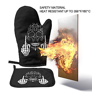 Foruidea Funny Skull Back White Oven Mitts and Pot Holders Sets Kitchen Heat Resistant Oven Gloves for BBQ Cooking Baking,Grilling,Machine Washable (2-Piece Sets)