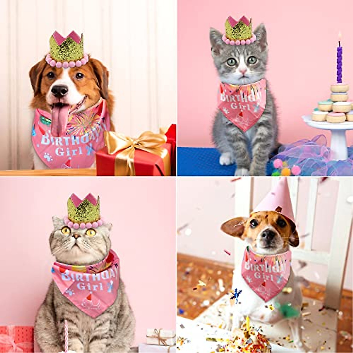 LEBERY Dog Birthday Bandana Hat Set - Dog Boys Girls Birthday Hat Cat Dog Pink Birthday Decorations for Small Medium Dog Cat Pet (Pink Scarf & Crown)