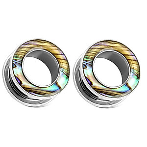 Zaya Body Jewely Pair of Steel Abalone Shell Screw Fit Surgical Steel Tunnels Ear Plugs Gauges 2g 0g 00g 1/2 inch (2g 6mm)
