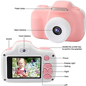 Kids Camera for Girls Age 3-9, Cameras with Flash Toy Gifts for Christmas Birthday, Selfie Video Digital Camera with Cartoon Stickers for Preschool Children 3 4 5 6 7 8 9 Years Old (Pink)