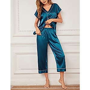 Ekouaer Plus Size Satin Pajamas for Women Two-Piece Nightgown Button Down Short Sleeve Loungewear PJ Set Dark Green