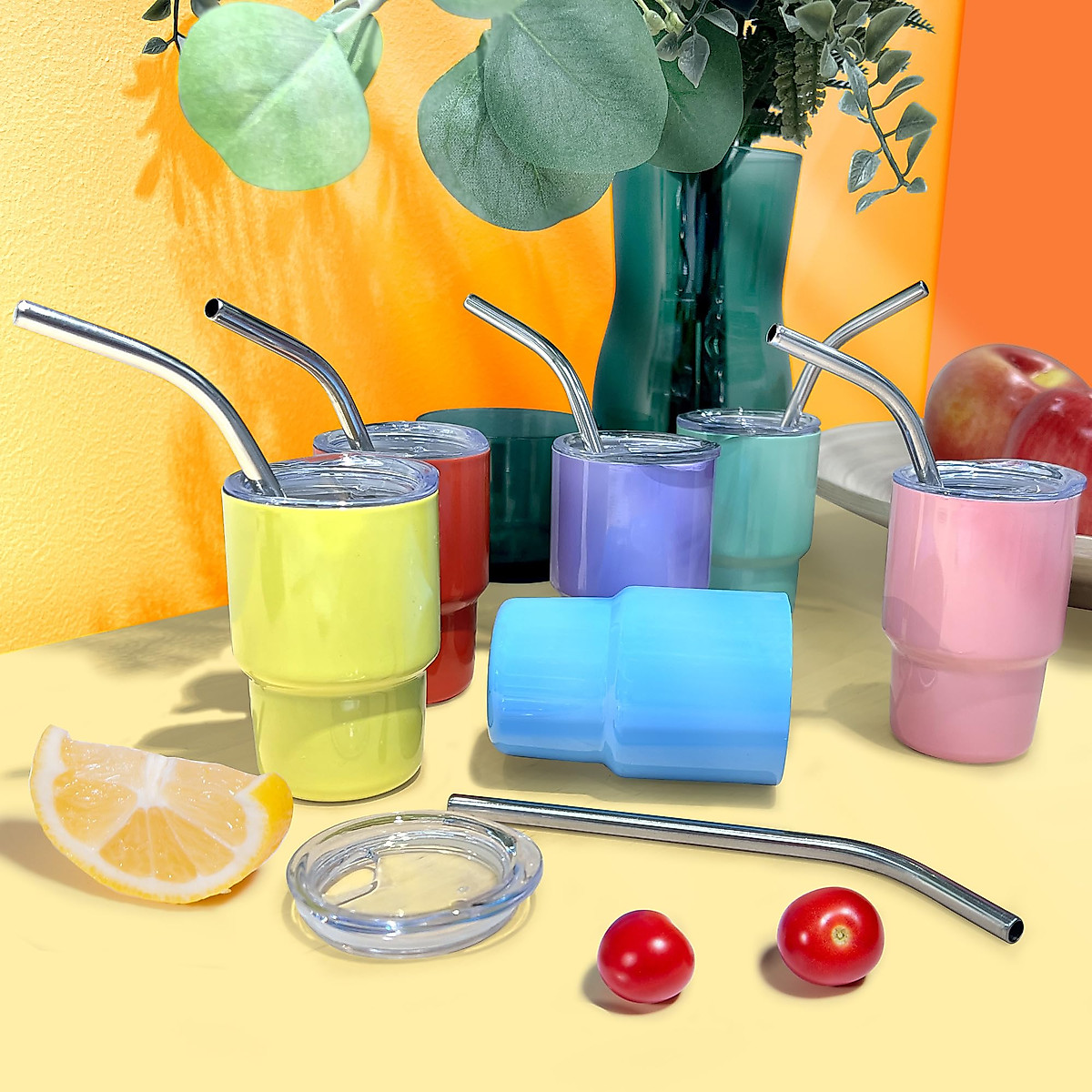 REFARICO 6 Pack 3oz Mini Tumbler Shot Glasses with Straw and Lid Stainless Steel Colored Sublimation Tumblers Double Wall Vacuum Insulated Cups for Party, Birthday's Day-Multicolor