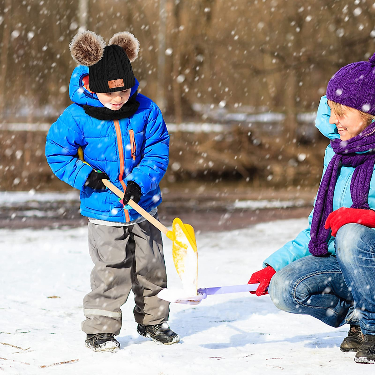 Kids Winter Beanie Hat Scarf Gloves Set, Toddlers Knit Winter Warm Double Pompom Cap Scarf Gloves for 1-5 Years Old (Black)