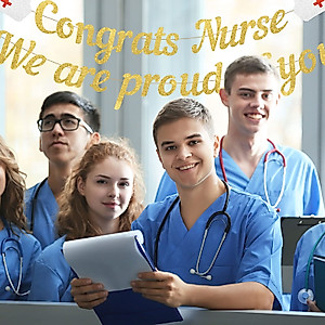 Whaline 2Pcs Nurse Graduation Paper Banner Glitter Gold Congrats Nurse Hanging Garland We are Proud of You Letter Party Banner for Nursing Medical School Nurse Graduation Party Decor Supplies, 8.2Ft