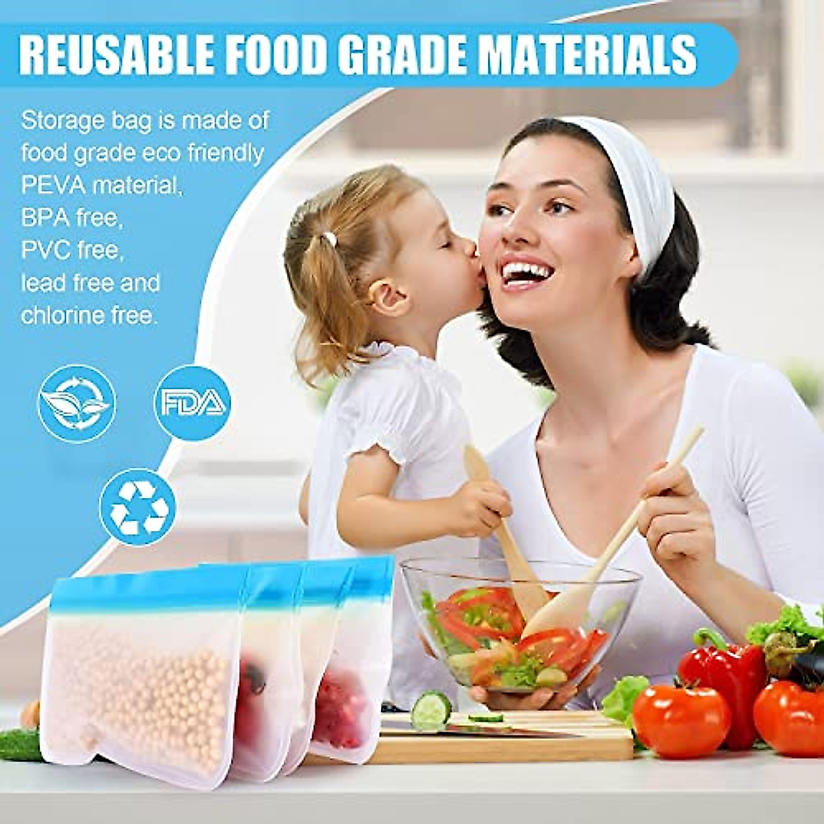Reusable Food Storage Bags- 10 Pack Leakproof Reusable Freezer Bags (3 Reusable Gallon Bags +4 Reusable Sandwich Bags + 3 Reusable Snack Bags)，Silicone Food Bags for Meat Fruits and Vegetables.