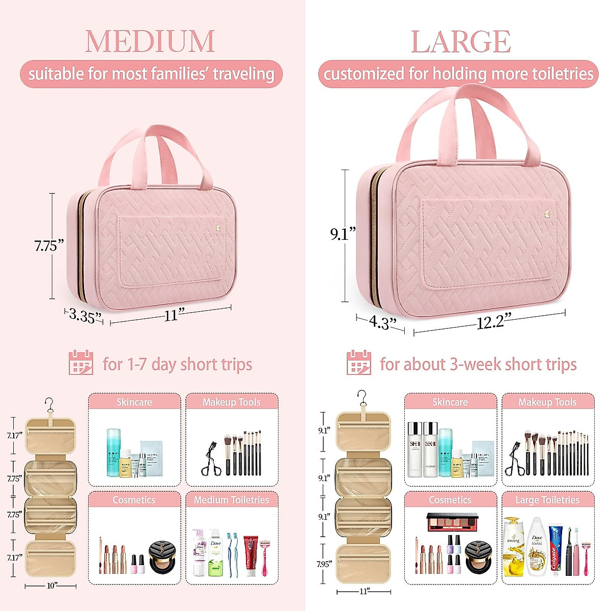 HOTOR Travel Toiletry Bag for Women with Hanging Hook - Portable Cosmetic Case, Toiletry Bag for Traveling Women, Waterproof Travel Essentials, Pink