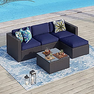 PHI VILLA Outdoor Patio Sectional Furniture Set 5 Piece Low-Back Rattan Sofa Set Wicker Patio Conversation Set with 4 Seat Cushions and 1 Tempered Glass Table (Navy Blue)