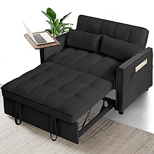 Rovibek 3 in 1 Convertible Sleeper Sofa Bed Pull Out Couch Futon Loveseat Velvet Chaise Lounge with 2 Pockets and 2 Pillows for Living Room, Black