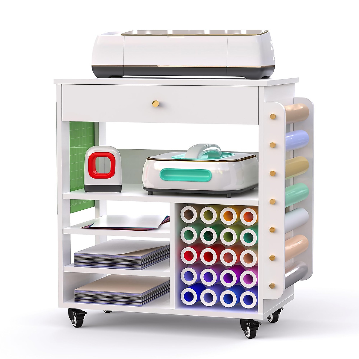 Craft Organization and Storage Rolling Cart Compatible with All Cricut Machines, Craft Table with 27 Vinyl Roll Holders, Craft Cart with Storage for Craft Room Home