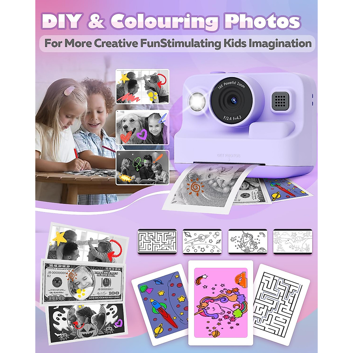 Kids Camera Instant Print, MEETRYE Instant Print Camera for Kids 4-14 Year Old, Christmas Birthday Gifts Digital Camera Toy for 5 6 7 8 9 10 Year Old Girls Boys Toddlers