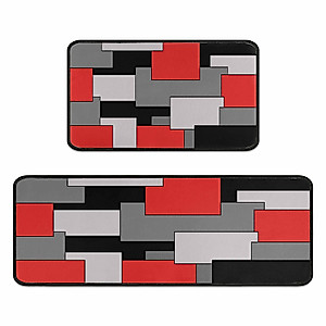 Kitchen Rugs Set of 2- Red, Black, and Grey Modern Geometric Non-Slip Washable Floor Mats - Comfort Sink and Laundry Room Runner - Contemporary Abstract Art Design Decor 17x47.2 and 17x30 inches