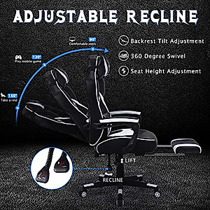 Zeanus Ergonomic Gaming Computer Chair, Recliner Computer Chair with Footrest, Office Gamer Chair with Massage, Big and Tall Racing Chair, Gaming Chairs for Adults, High Back Gaming Desk Chair White