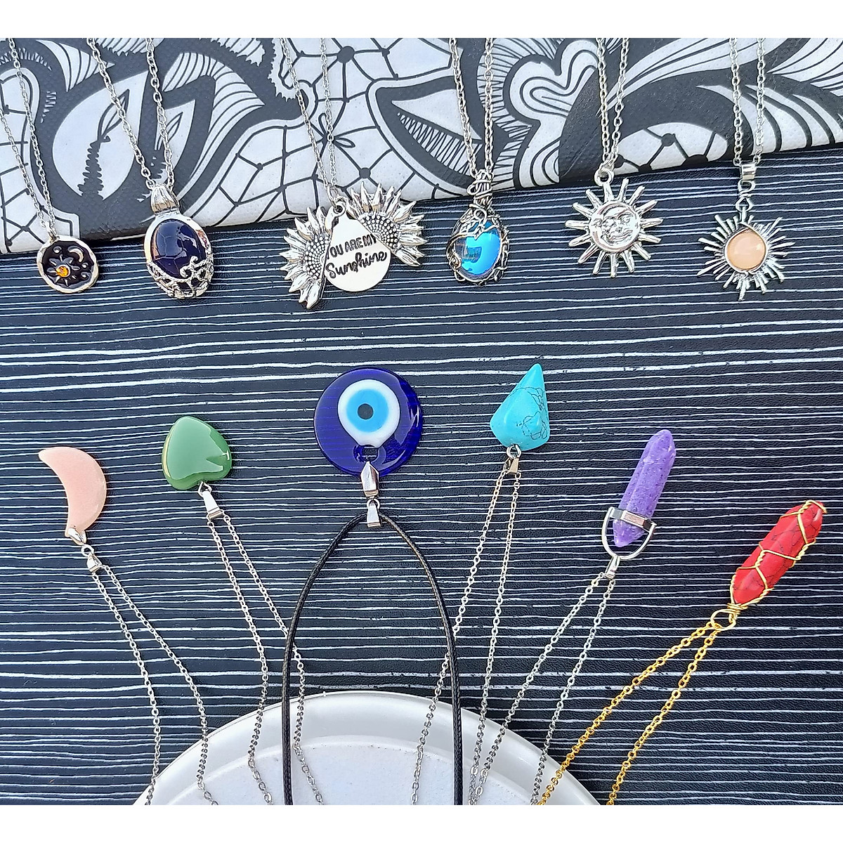 SMADYYY Crystal Necklace Healing Moonstone Heart Necklaces Evil Eye Sunflower Sun and Moon Necklace Hippie Pendants Indie Aesthetic Jewelry set for Women Men Gift (vintage pendant-12pcs)