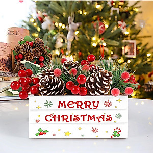 Christmas Table Centerpieces Mini Merry Christmas Wooden Crate, Christmas Tiered Tray Decorations Christmas Flower Arrangements with Pinecone Red Berries for Tiered Tray Shelf Table Kitchen Home Decor