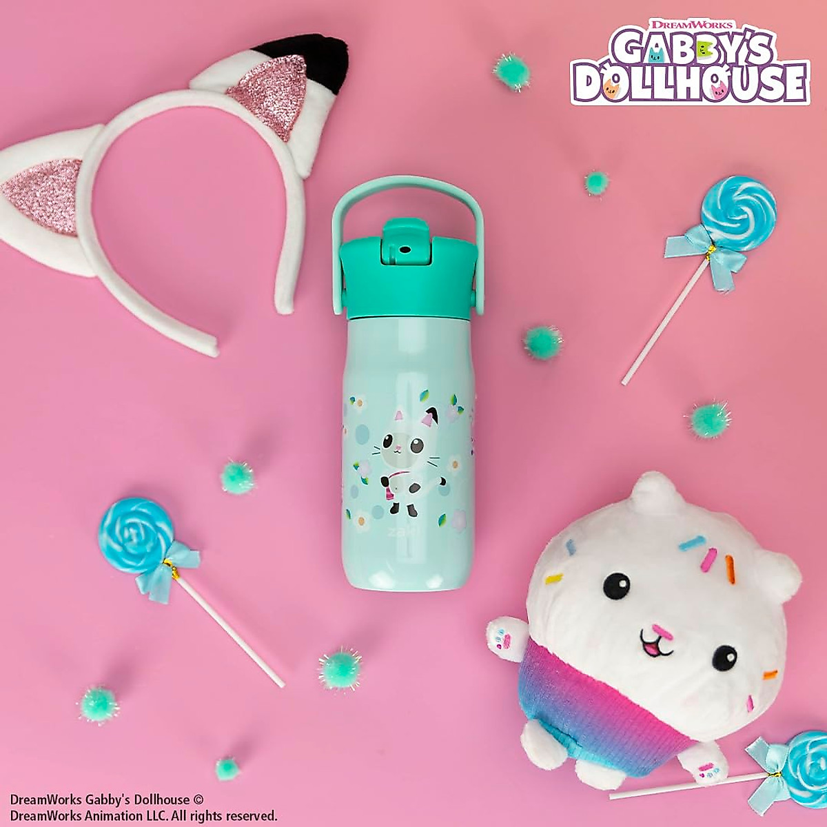Zak Designs Harmony Gabby's Dollhouse Kid Water Bottle for Travel, 14oz Recycled Stainless Steel, Leak-Proof When Closed and Vacuum Insulated (Pandy Paws, Cakey Cat, Mercat, Kitty Fairy)