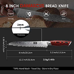 HOSHANHO Bread Knife,8 Inch Serrated Bread Knife Ultra Sharp Damascus Steel Bread Kitchen Knife, Professional Bread Knife for Homemade Bread