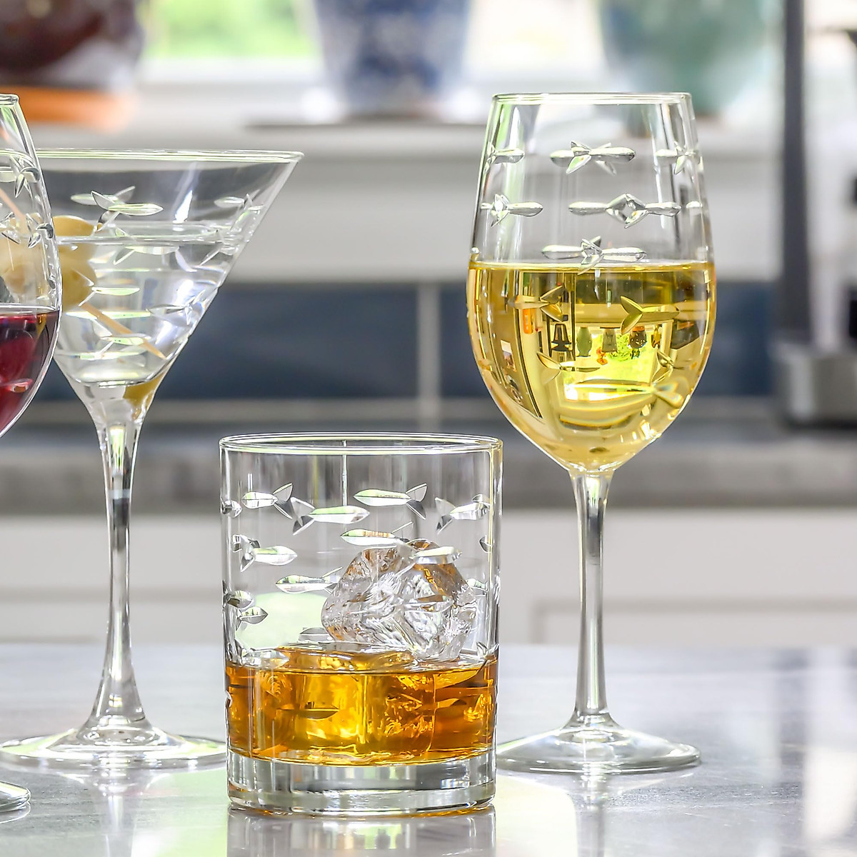 Rolf Glass School of Fish 13oz Double Old Fashioned Glass | Whiskey Glass Set of 4 | Lead-Free Glass | Engraved Tumbler Glasses | Designed and Engraved in the US