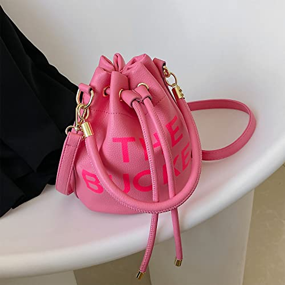 JQAliMOVV The Bucket Bags for Women, Mini Leathe Bucket Bag Purses Drawstring Closure Crossbody Handbags Hobo Bag (Rose Red)