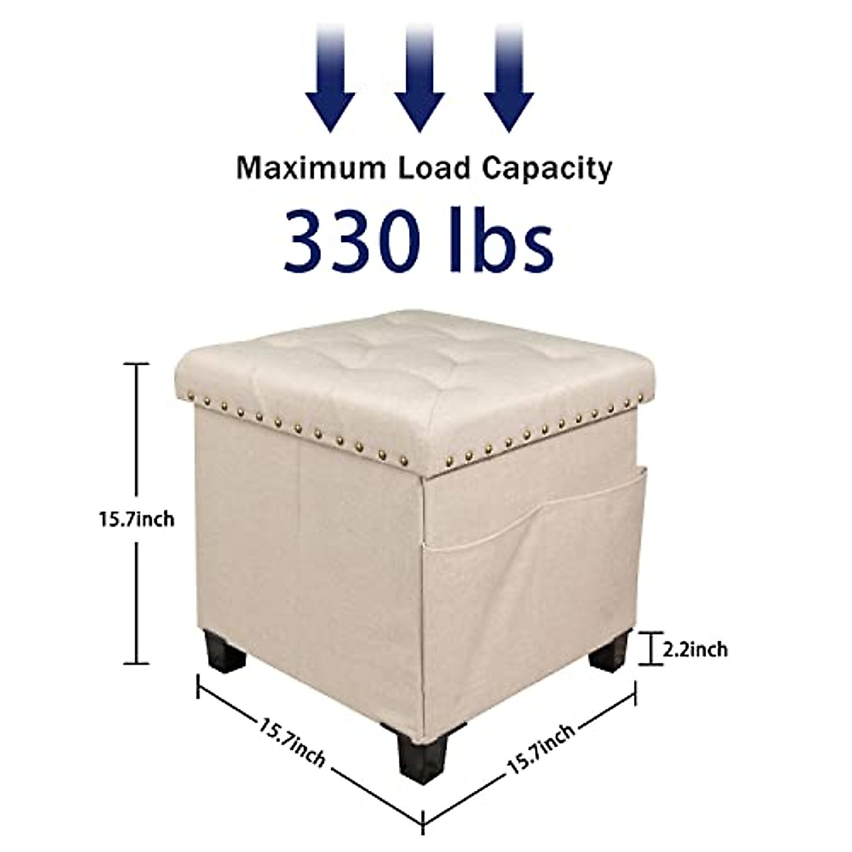 Brakki Storage Ottoman Cube Square Ottoman Foot Rest Cube with Side Pocket,15.7 Inches Storage Bench for Bedroom Living Room Linen Fabric with Wooden Legs Folding Beige Ottoman